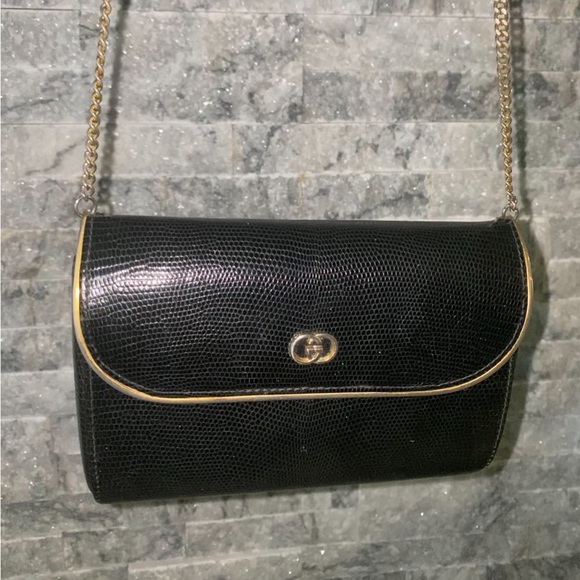 Gucci | Bags | Gucci Vintage 98s Black Lizard Chain Strap Evening Bag ...